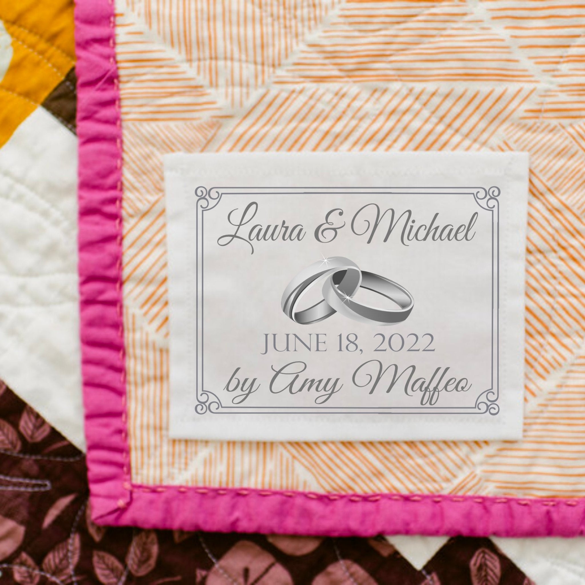 Wedding quilt labels personalized with the bride and groom's name as w ...